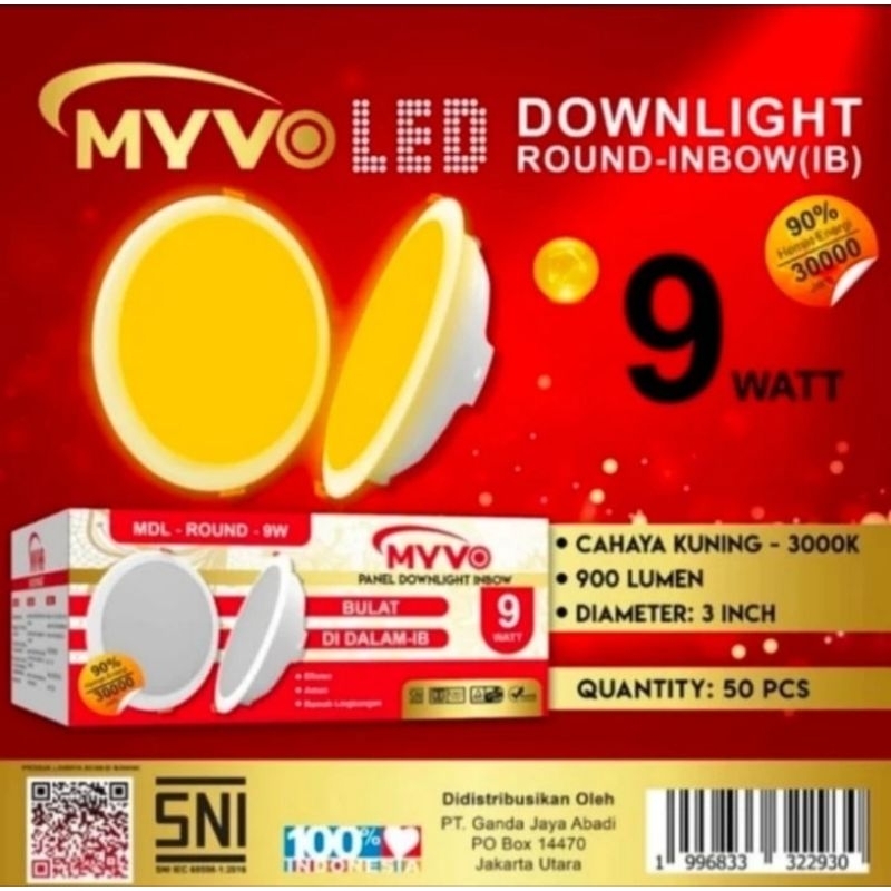 Jual Downlight Led Inbow 9 Watt Cahaya Kuning 3000K Myvo | Shopee Indonesia