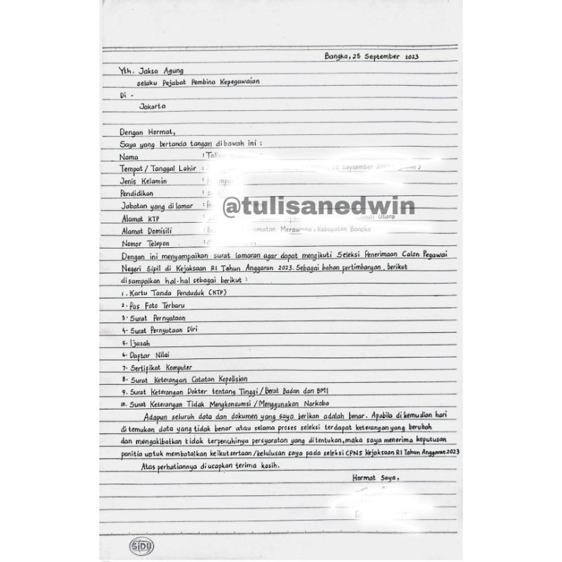 Jual Jasa Tulis Tangan Lamaran Pekerjaan Request dan Template By ...
