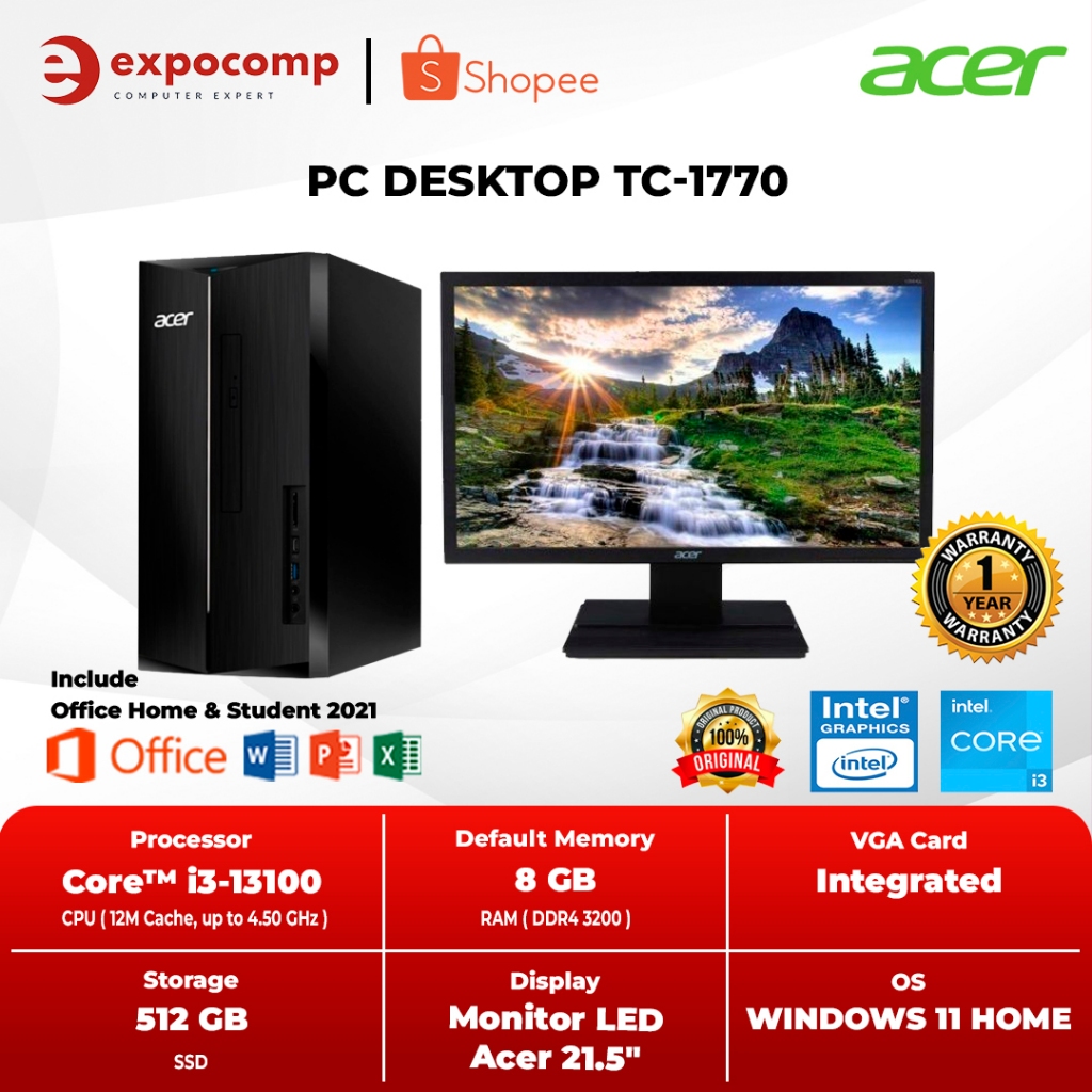 Jual ACER PC DESKTOP TC-1770 INTEL CORE i3-13100 8GB 512GB W11+OHS ...