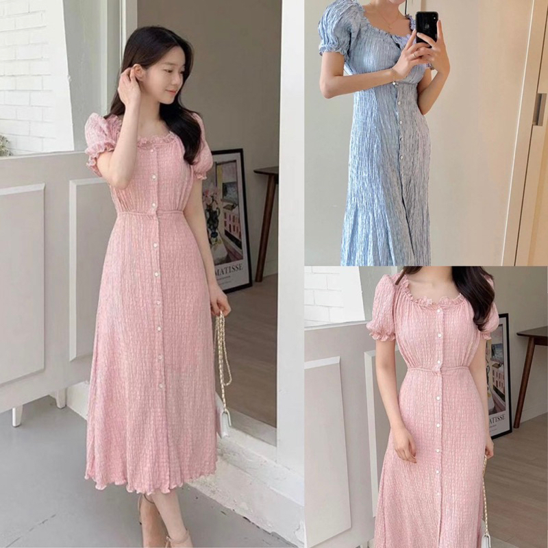 Jual D1426 KIMI KOREAN STYLE VINTAGE MIDI DRESS KANCING SIMPLE POLOS ...