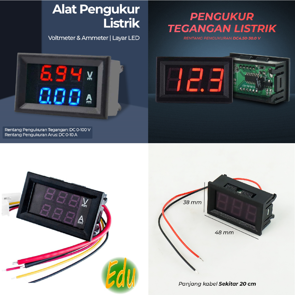 Jual Alat Pengukur Listrik Modul Voltmeter dan Ampermeter Arus DC 4,5V - 30V dan 0 - 100V 0 ...