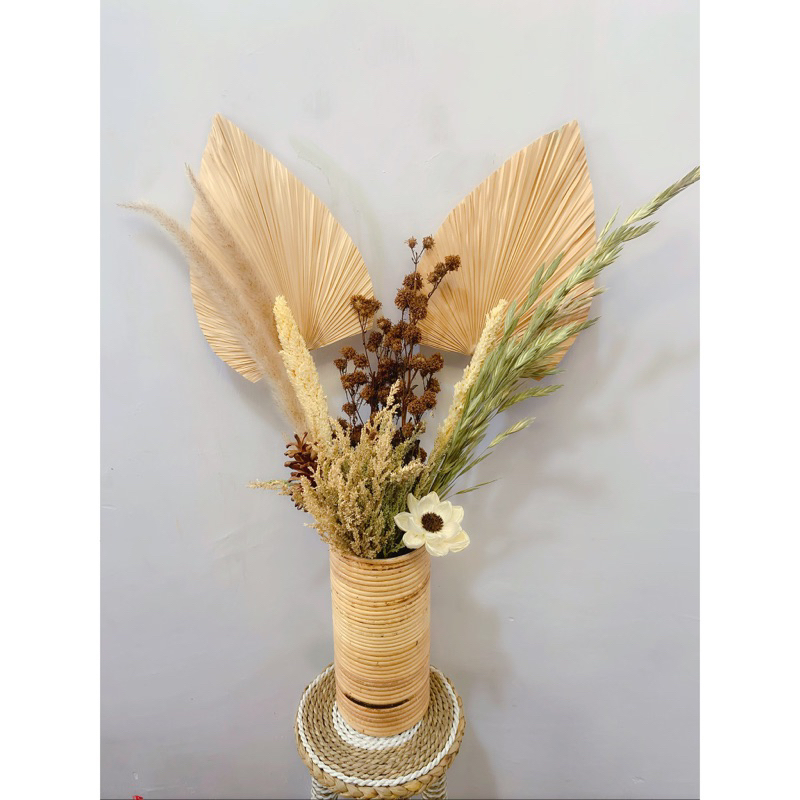 Jual Bunga kering hiasan meja rustic aesthetic palem mini dan vas 20 cm ...