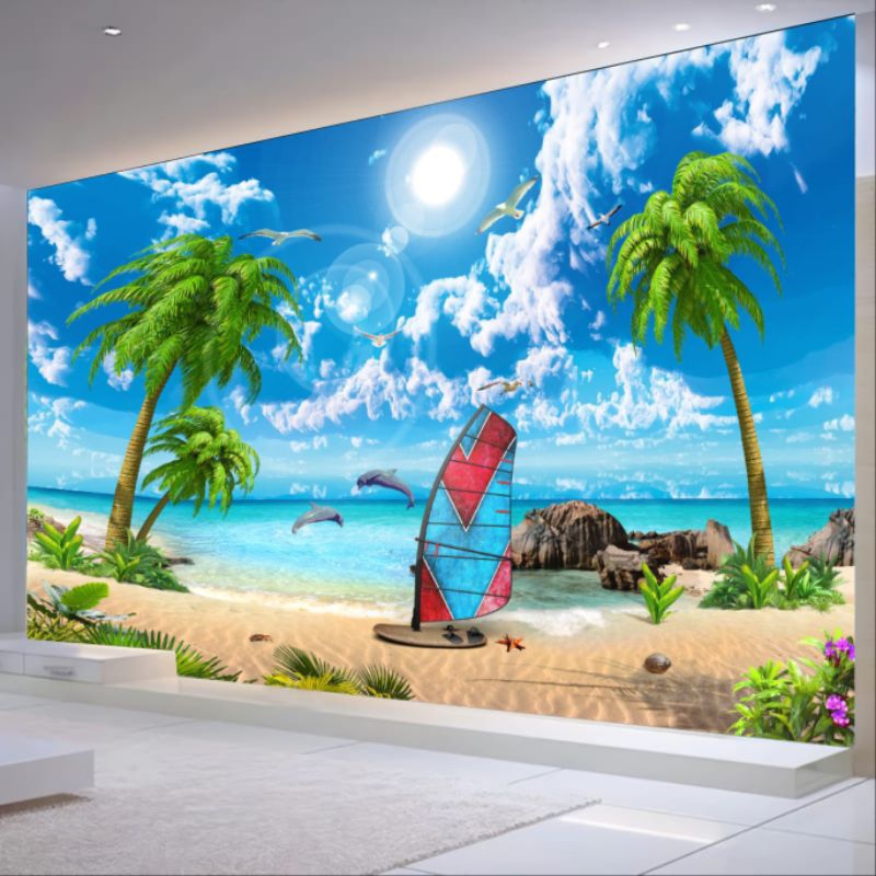 Jual top wallpaper custom 3D pemandangan pantai/wallpaper dinding ...
