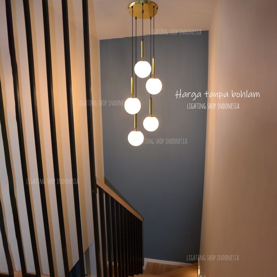 Jual Lampu gantung void tangga 5in1 gold kaca susu modern minimalis | Shopee Indonesia