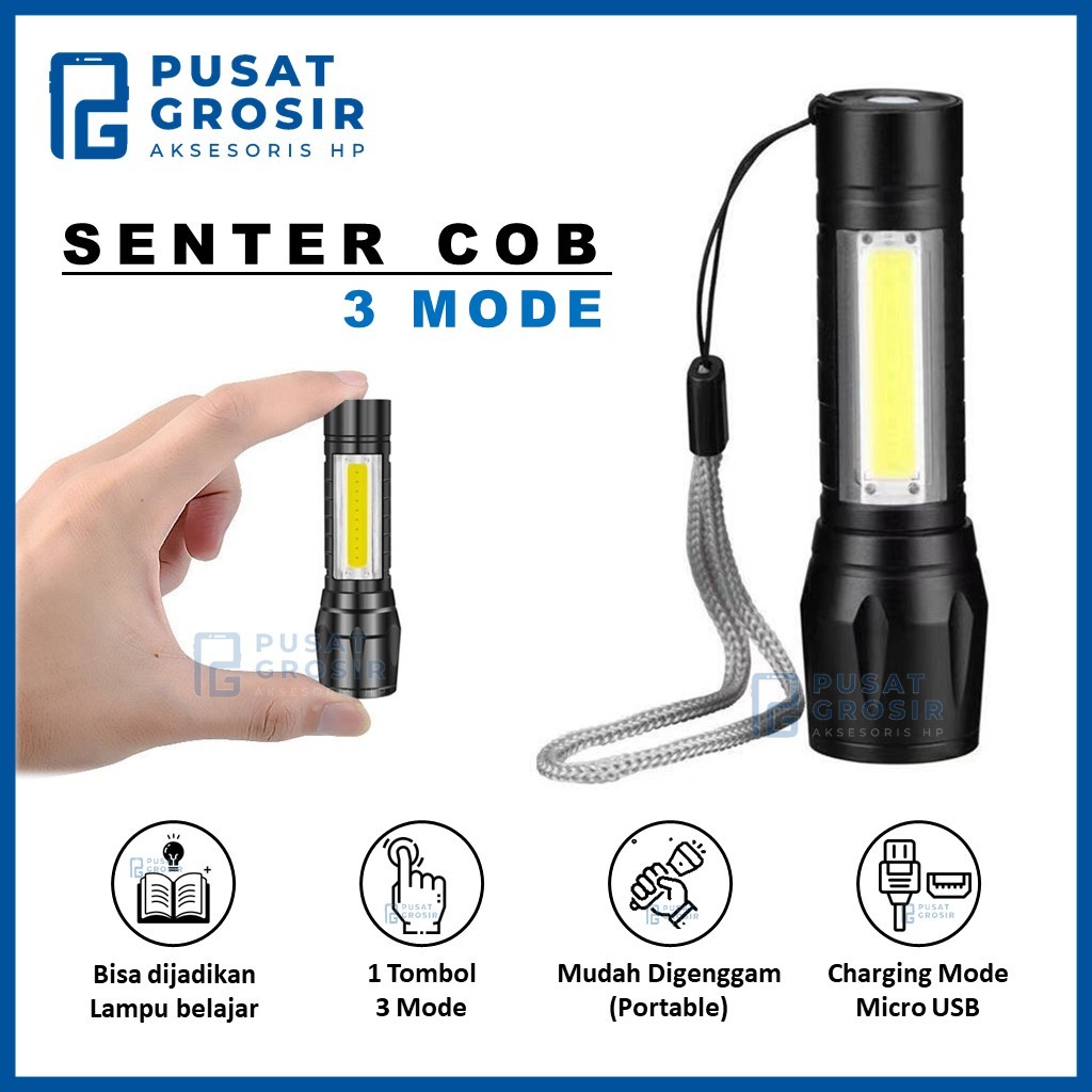 Jual Senter mini led super terang 3 Mode Lampu COB penerangan portable lamp emergency Flashlight ...