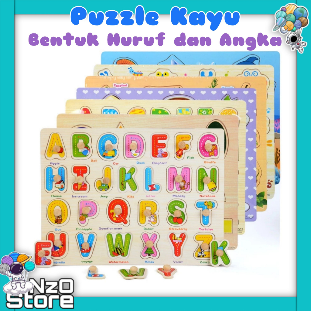 Jual Mainan Edukasi Anak Puzzle Kayu Bentuk Huruf dan Angka dengan Knob ...