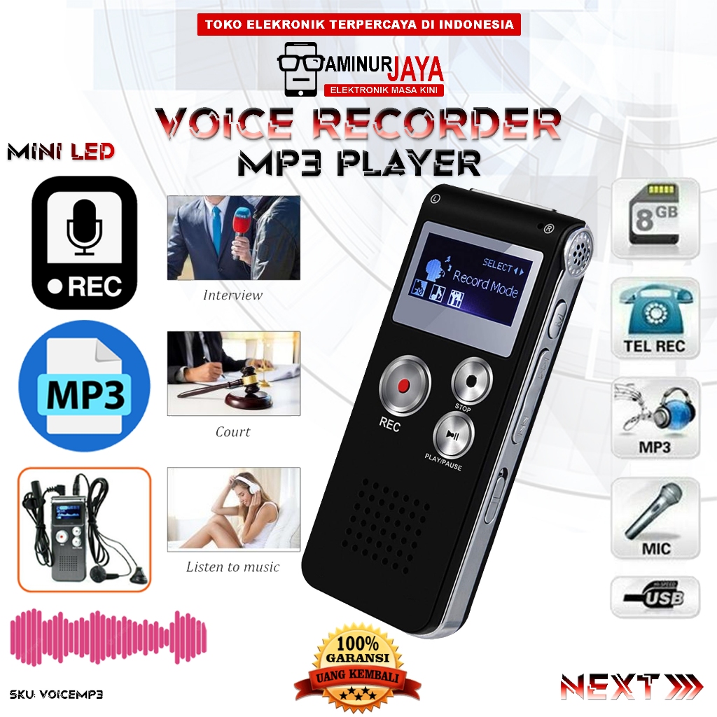 Jual Perekam Suara USB Digital Voice Recorder 8GB Suport Audio MP3 ...