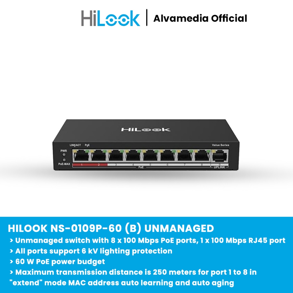 Jual Hilook Switch Hub POE 9 Port NS-0109P-60 (B) UNMANAGED 8 Port POE ...