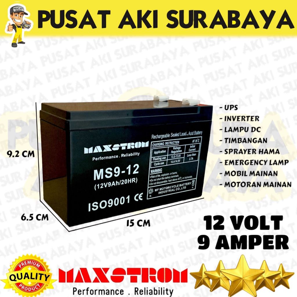 Jual MAXSTROM 12 VOLT 9 AMPER ACCU VRLA UPS AKI KERING 12V 9AH BATERAI SPRAYER BATTERY TIMBANGAN ...