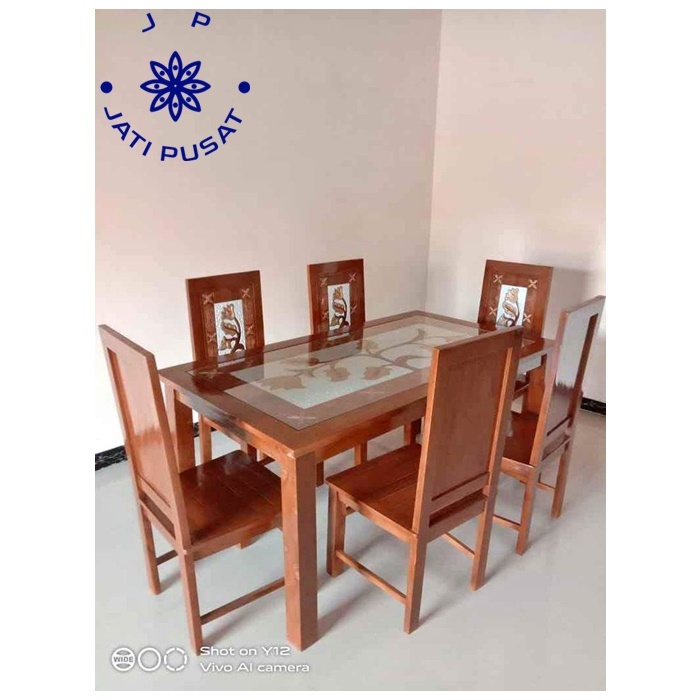 Jual Meja makan set 6 kursi kayu jati lengkap kaca | Shopee Indonesia