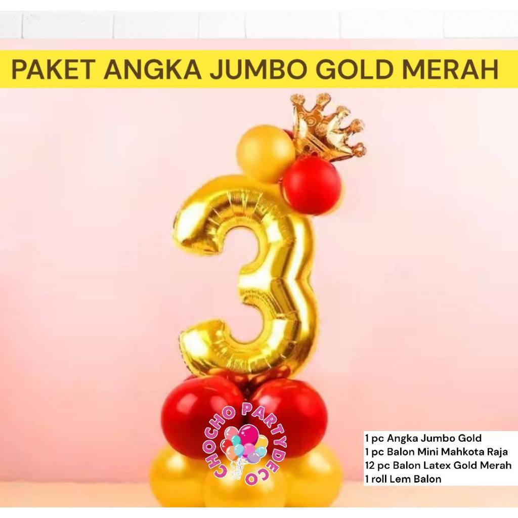 Jual Paket Balon Angka Jumbo GOLD MERAH Latex / Dekorasi Ulang Tahun ...