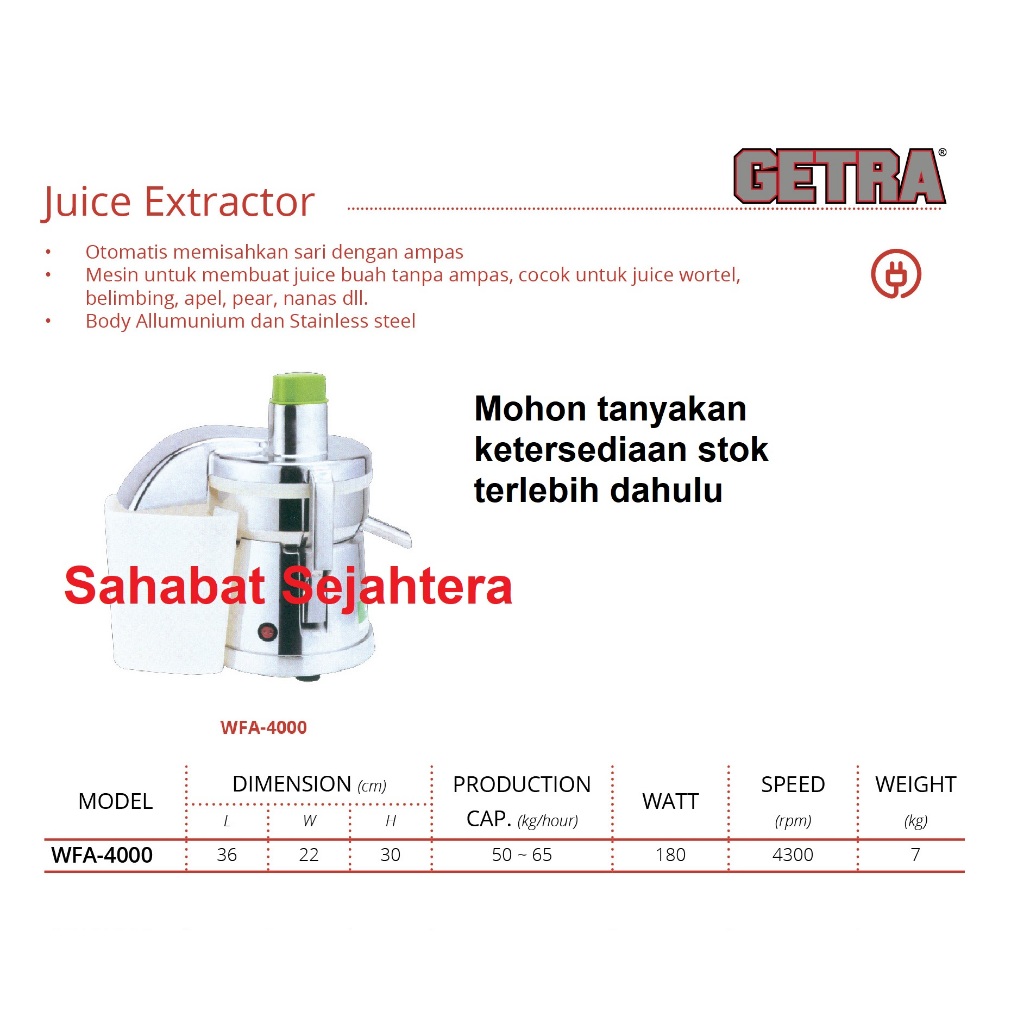 Jual GETRA Juice Extractor WFA-4000 Alat Pemisah Sari Dengan Ampas Buah ...