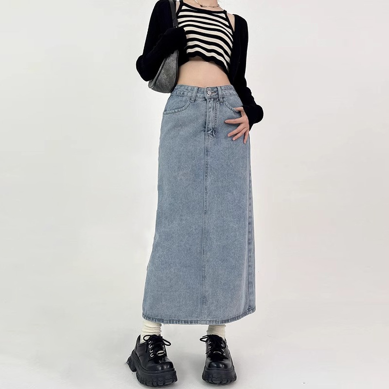 Jual Korea Style Biru Highwaist Rok A-Line Denim Rok Midi | Shopee ...