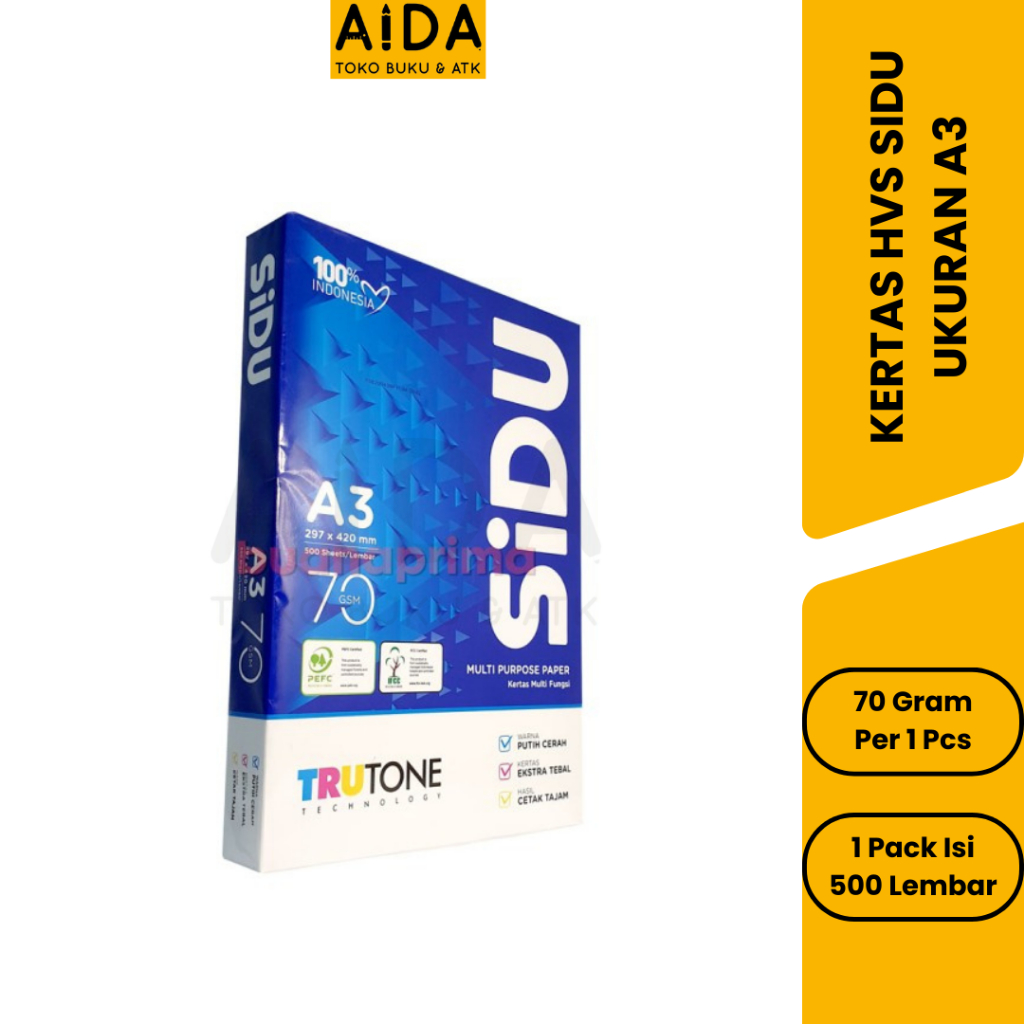 Jual Kertas HVS SIDU A3 70 gram 1 Rim isi 500 Lembar/ Kertas Fotocopy A3 SIDU Murah | Shopee ...