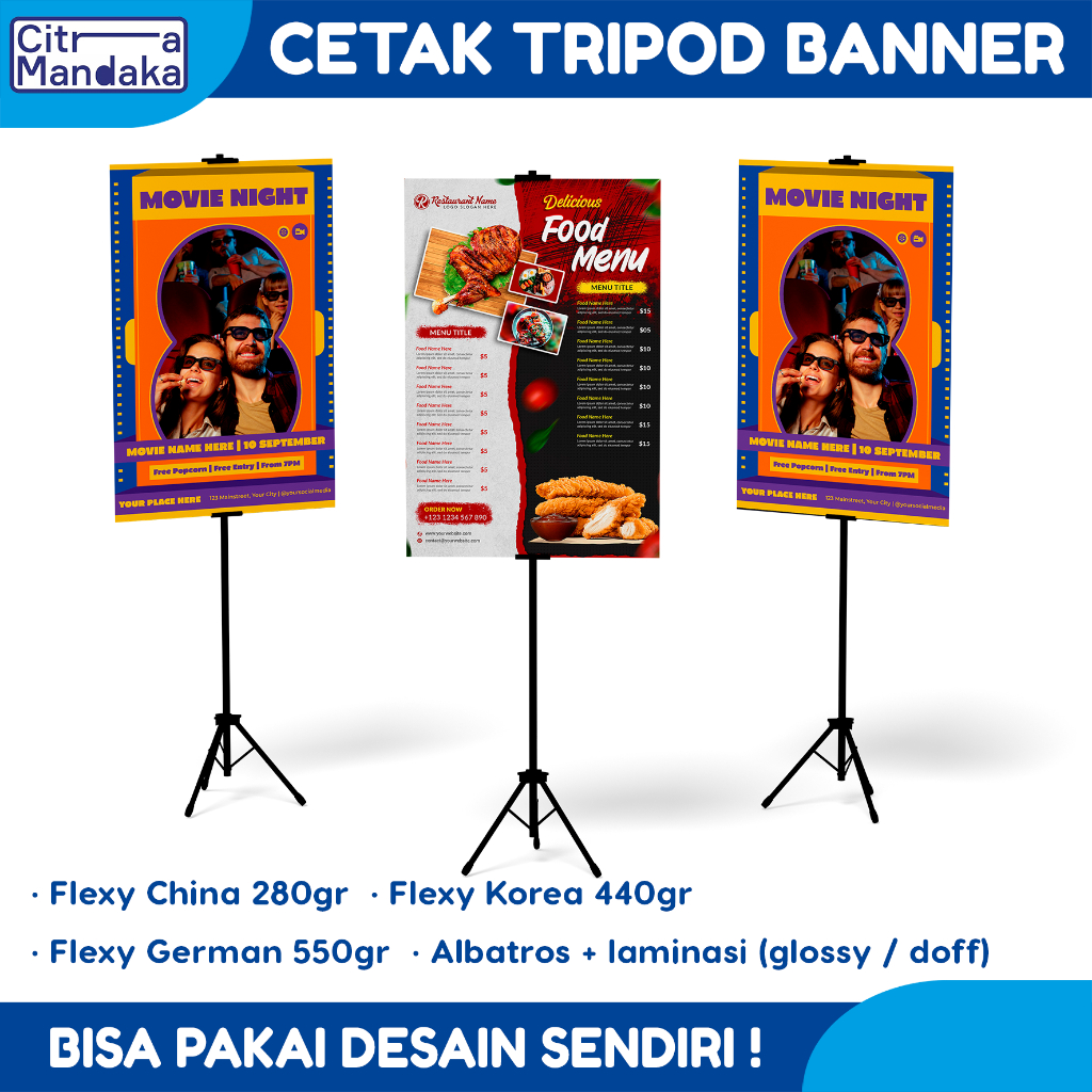 Jual Cetak Tripod Standing Banner Besi Jualan Berdiri Custom 1 Sisi 2 ...