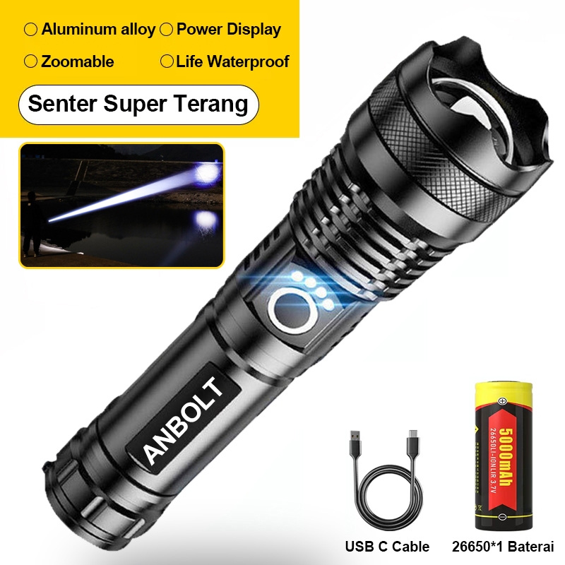 Jual Anbolt Senter LED Super Terang Jarak Jauh 90000 lumens Zoomable Senter Tahan Lama Anti Air ...