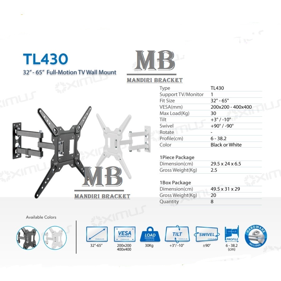 Jual BRACKET TV SWIVEL | SIZE 32"-65" OXIMUS TL430 FULL- MOTION TV WALL ...