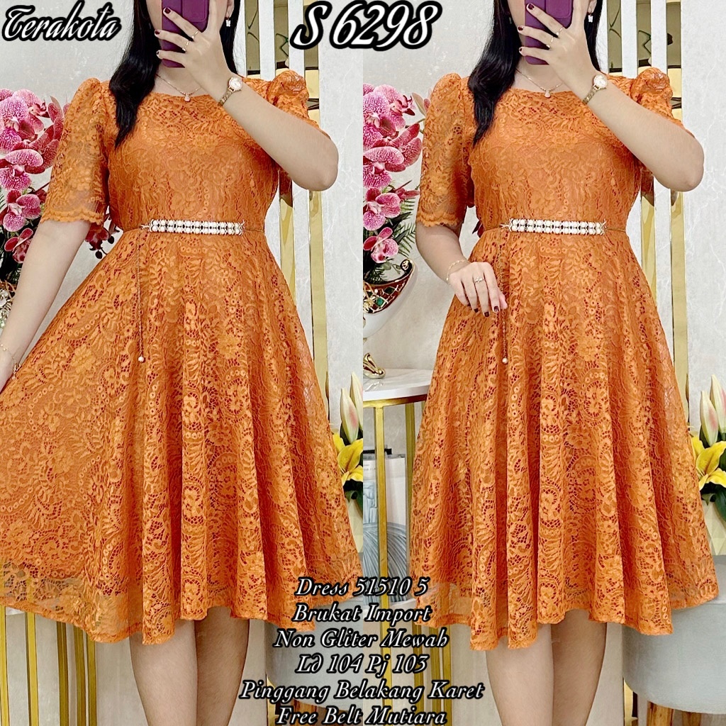 Jual 6298# Dress Brukat Premium Non Gliter Polos+Belt Khusus Warna Terakota | Shopee Indonesia