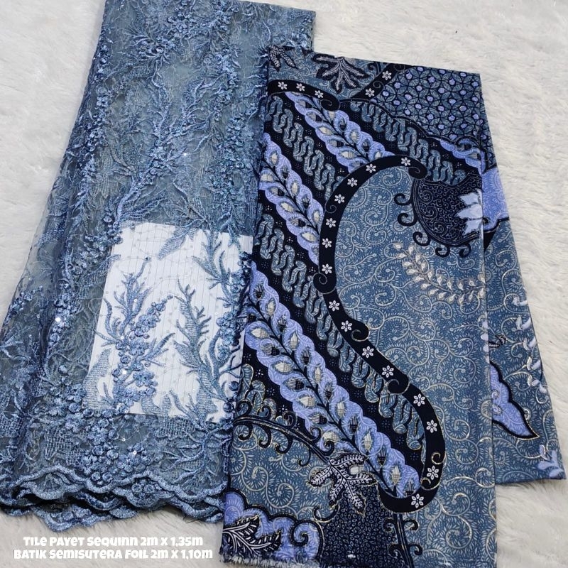 Jual SPECIAL BIRU DENIM, Set Bahan Kebaya Tile dan Batik Semisutra Foil ...