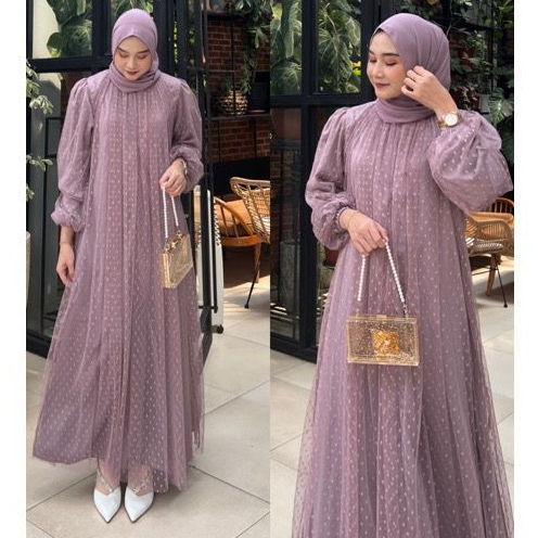 Jual AZIE DRESS SATIN MIX TULLE POLKADOT DRESS BUSUI FRIENDLY BAJU ...
