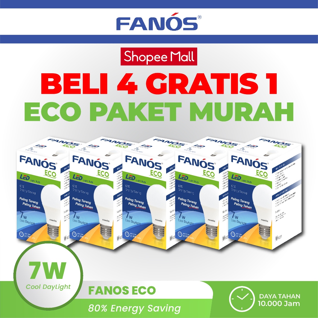Jual Fanos Eco 7W [Beli 4 Gratis 1] Lampu LED Bohlam Cahaya Putih Bergaransi | Shopee Indonesia