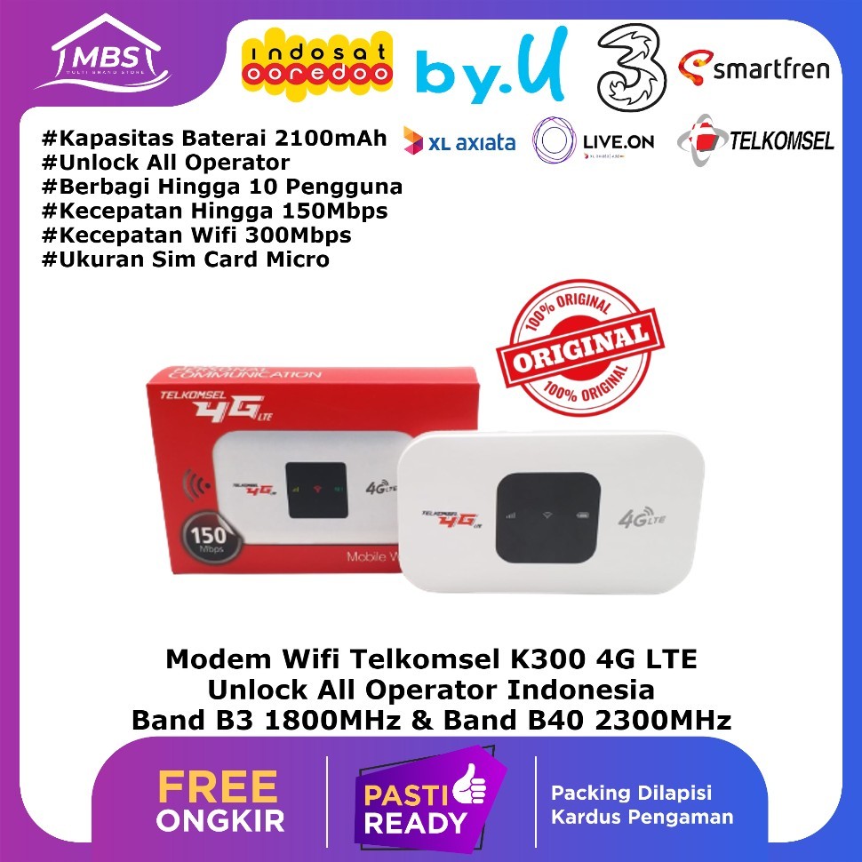 Jual Modem Mifi Wifi K300 NEW 4G LTE Band 3 1800MHz ALL GSM Telkomsel XL Indosat Tree Axis BY.u ...