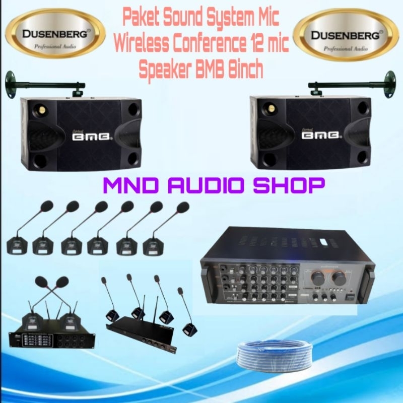Jual paket mic wireless conference 12 mic speaker BMB 8inch amplifier ...