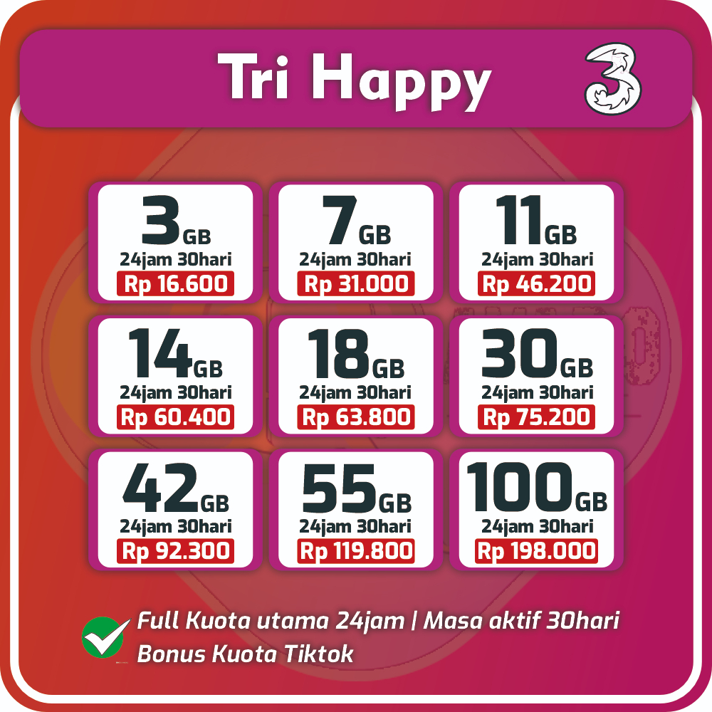 Jual Kuota Internet Murah Tri Three Happy AlwaysON AON 7GB 14GB 18GB 30GB 42GB 55GB 30hari ...