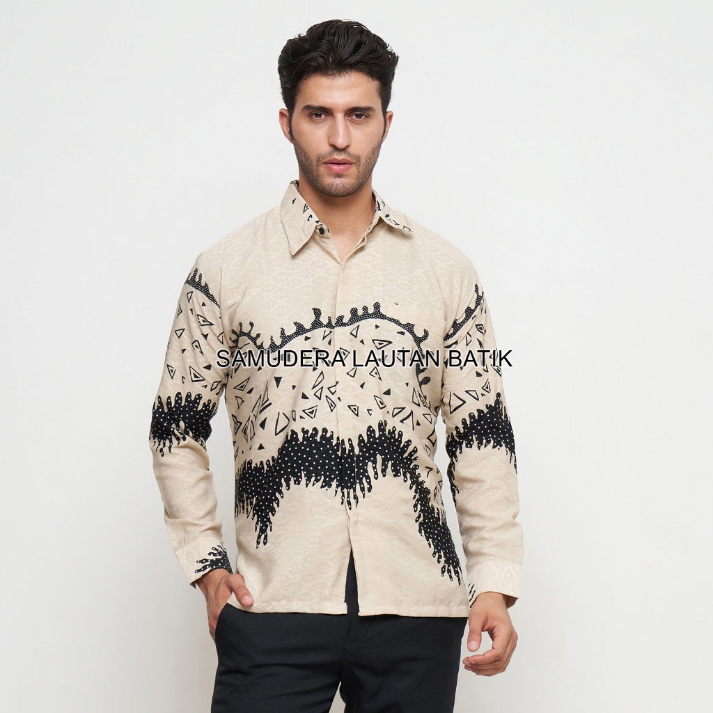 Jual Kemeja Batik Pria Katun DOBBY Warna Cream,Batik Warna Hitam Cream ...