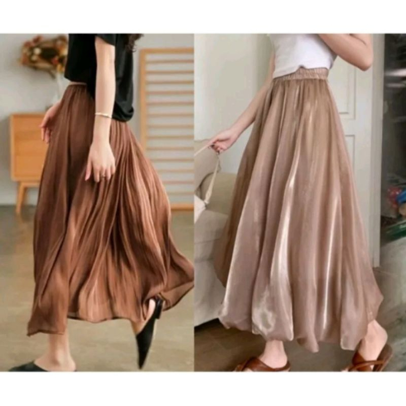 Jual Ekouaer Rok Shimmer/Panjang Rok Korean Style/Rok Plisket Cokelat ...