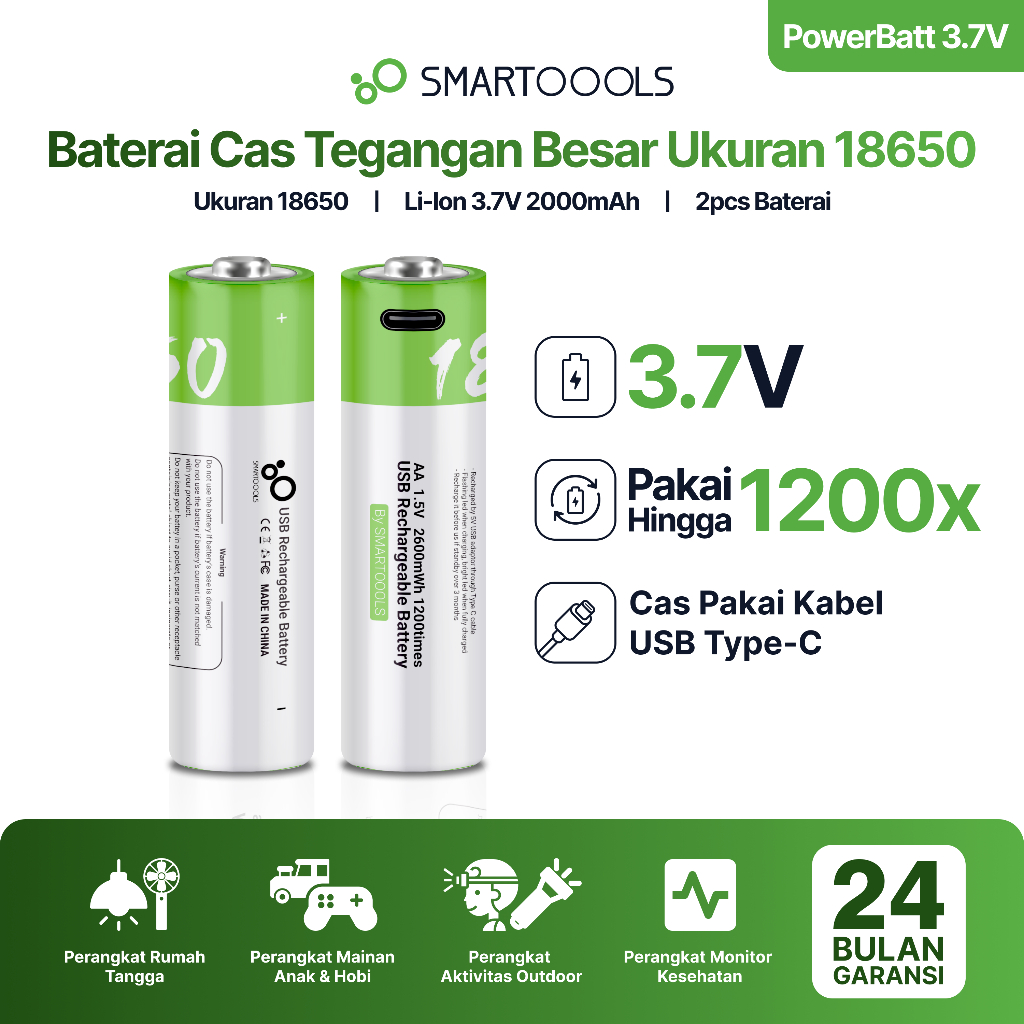 Jual Baterai Cas Isi Ulang 2pcs Smartoools Powerbatt 18650 3.7V Type-C USB Rechargeable Lithium ...