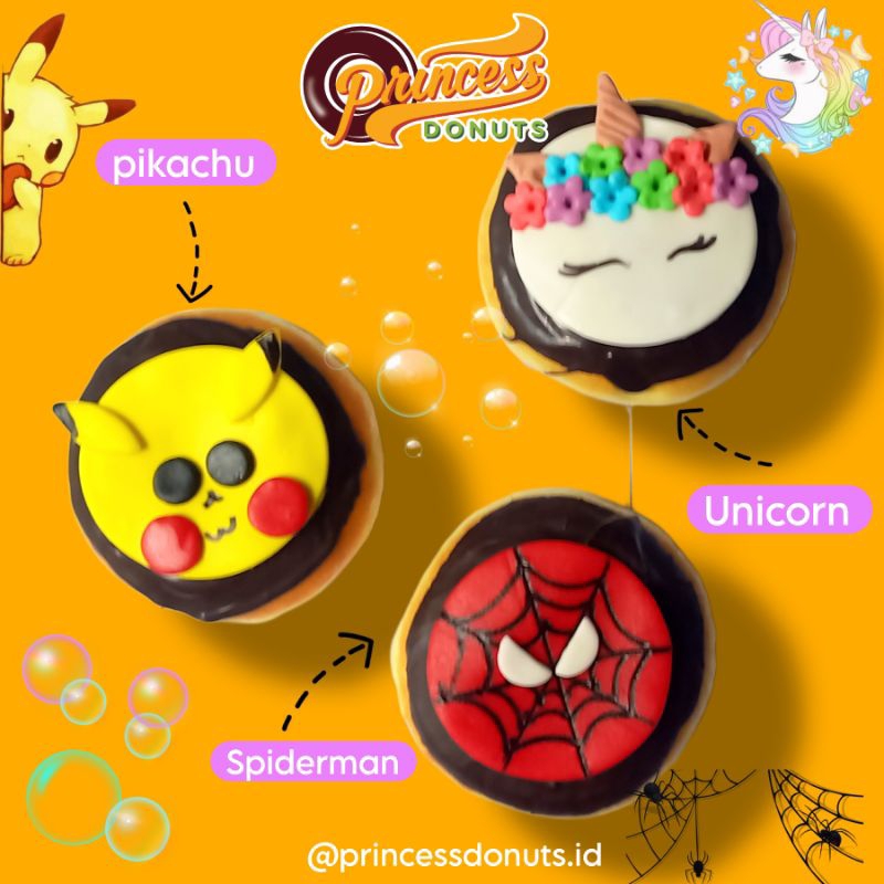 Jual Donat Karakter isi 3 Unicorn, Pikachu, Spiderman | Shopee Indonesia