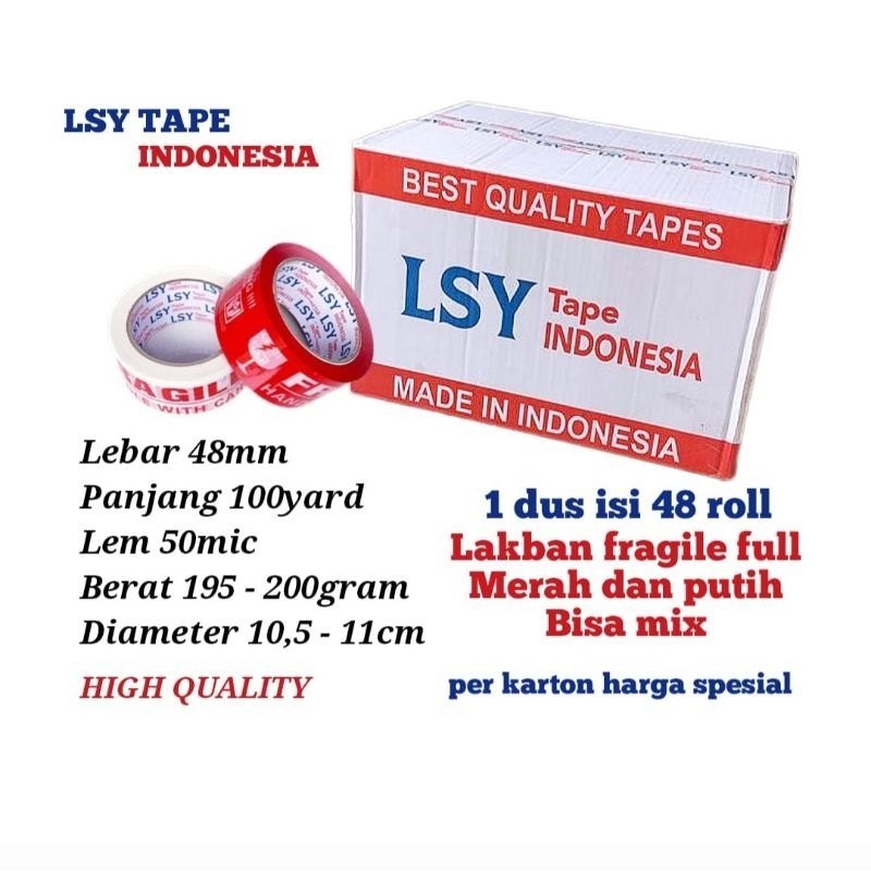 Jual lakban fragile full merah & putih 100yard 1 dus isi 48 roll LSY TAPE INDONESIA | Shopee ...