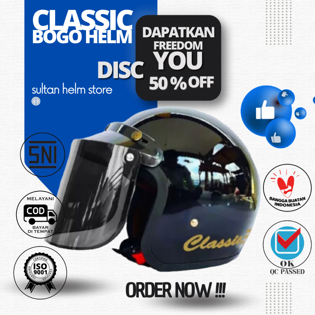 Jual helm helem Bogo Klassik Cewe Cowok warna Hitam kaca datar smoke ...