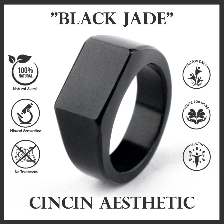 Jual Cincin Pria Hitam Kotak Batu Akik Giok Natural Black Jade Ring ...