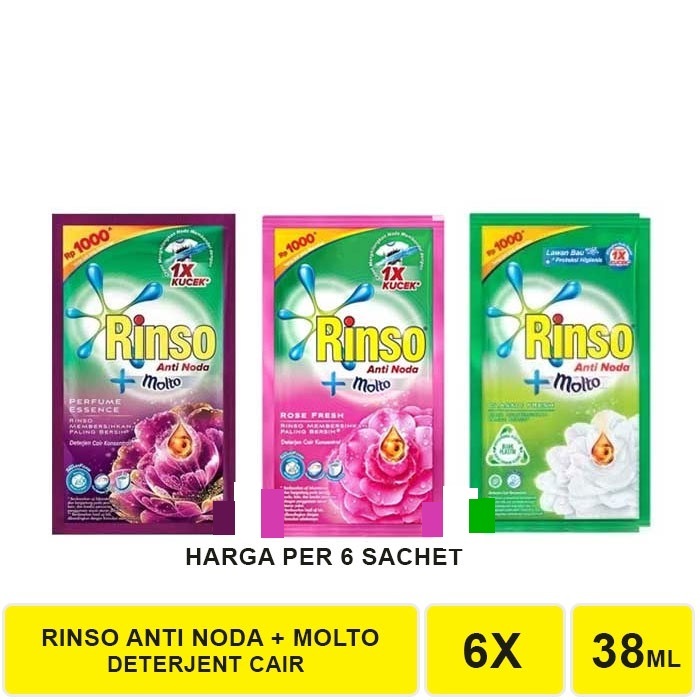 Jual RINSO CAIR ANTI NODA MOLTO RENCENG ISI 6 x 38ml KUNING KERAH DETERJEN LIQUID DETERGENT ...