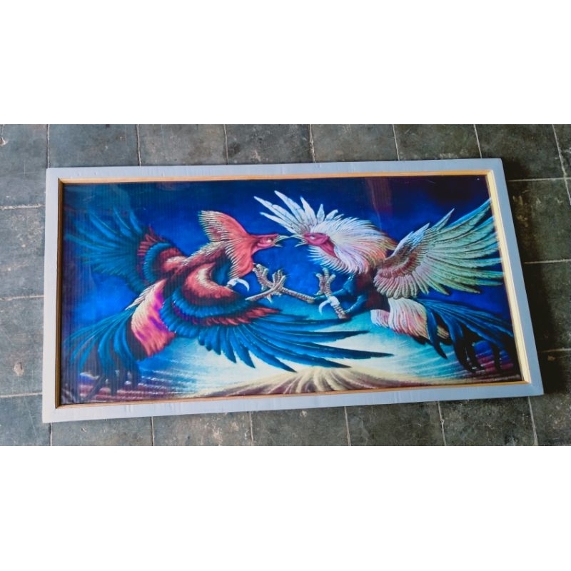 Jual hiasan dinding lukisan cetak ayam jago tarung plus figura ukuran ...