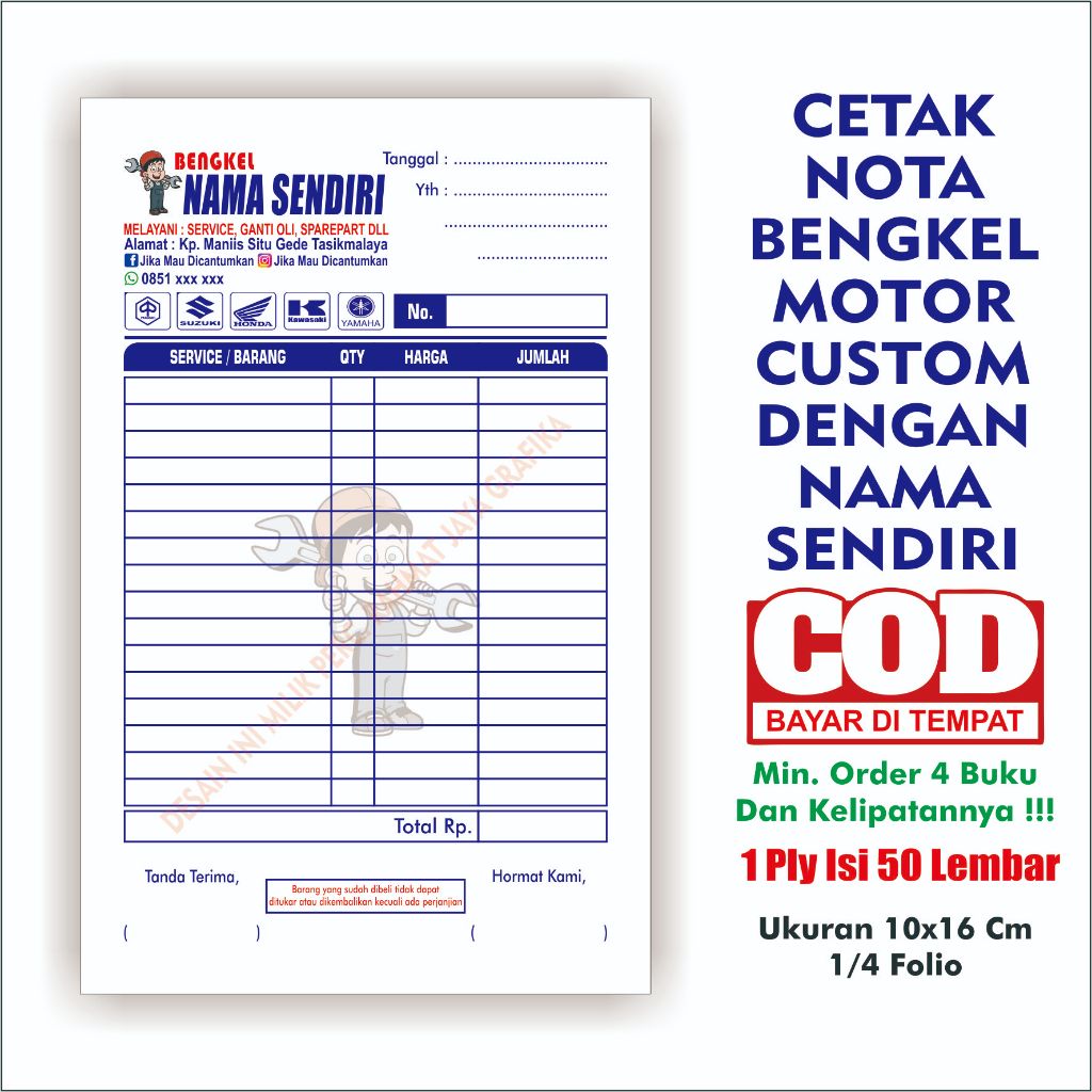 Jual Cetak Nota Bengkel Motor Custom 1ply Nama Sendiri Free Desain Min ...