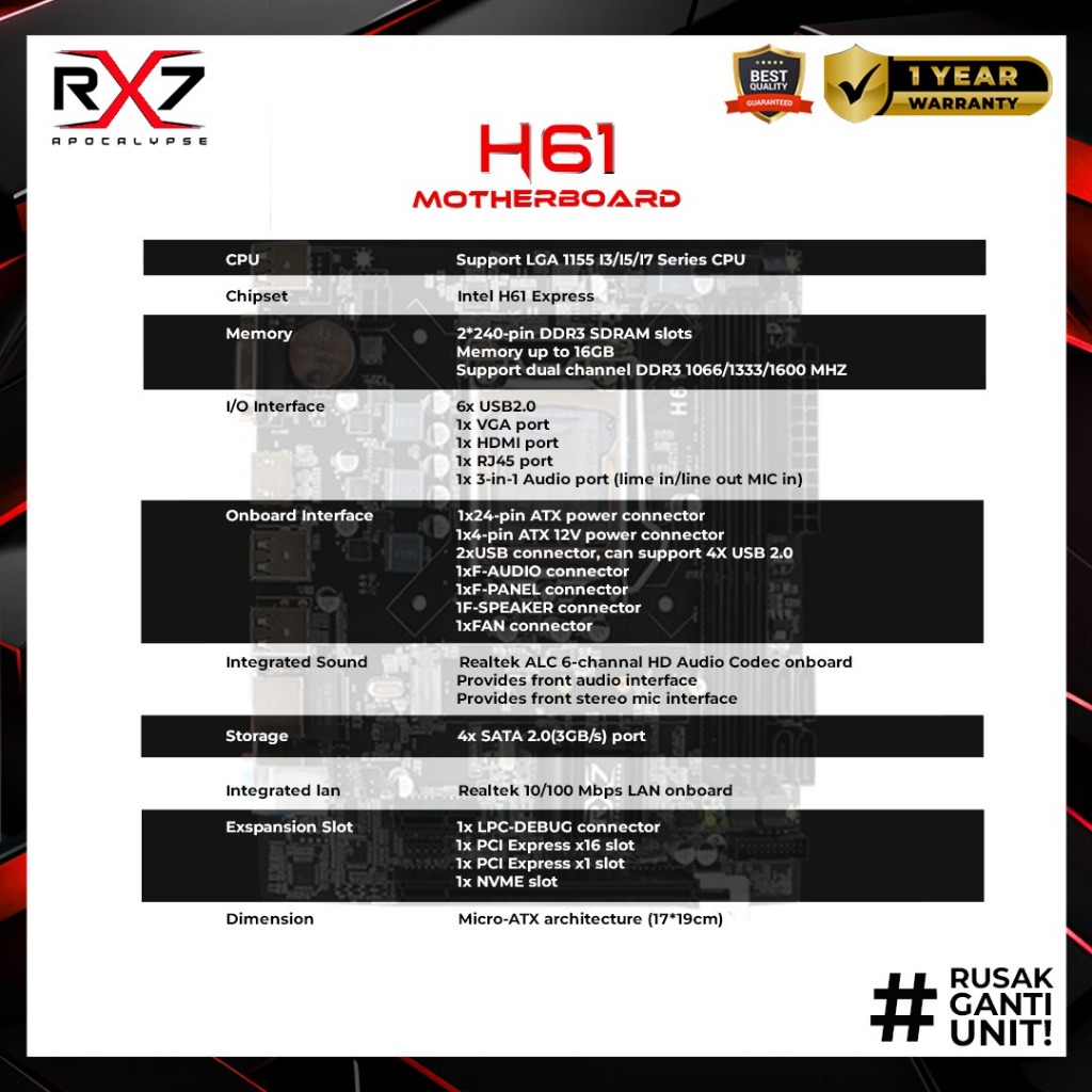 Jual Motherboard RX7 H61 LGA 1155 DDR3 H61 Mainboard Support Nvme ...