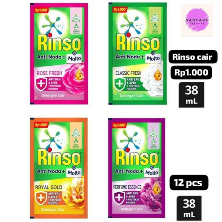 Jual DETERJEN CAIR RINSO SACHET 38ml (ISI 12 PCS KEMASAN SASET Rp1.000 ...