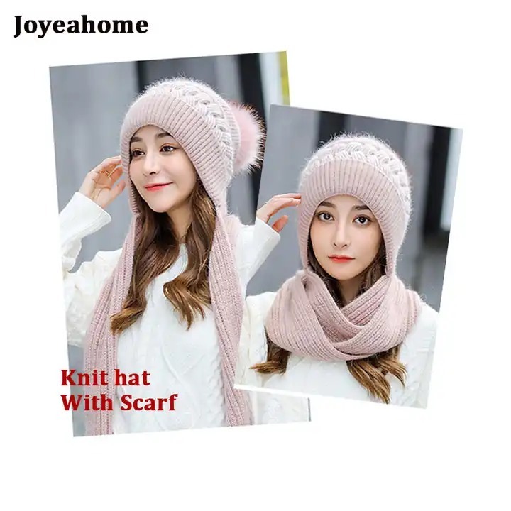 Jual Topi Syal Musim Dingin Pelindung Telinga dengan Rajutan Dua Potong Syal dan Bola Rambut ...