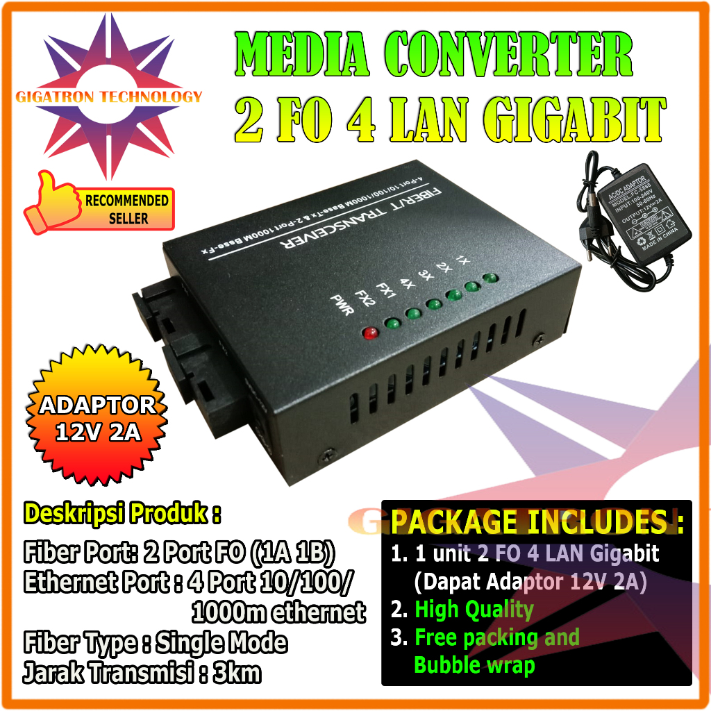 Jual Gigabit Media Converter Fiber Optik 2 FO 4 LAN Port Ethernet RJ45 1000Mbps / Fiber Optic ...
