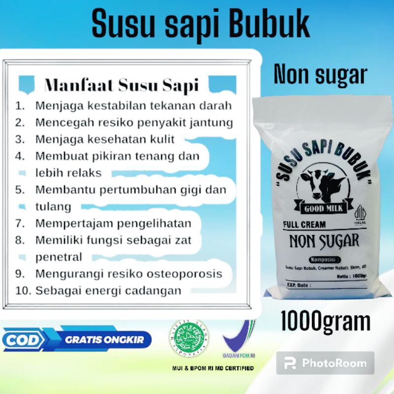 Jual susu sapi Bubuk fullcream NON SUGAR (tanpa gula) netto 1000gram ...