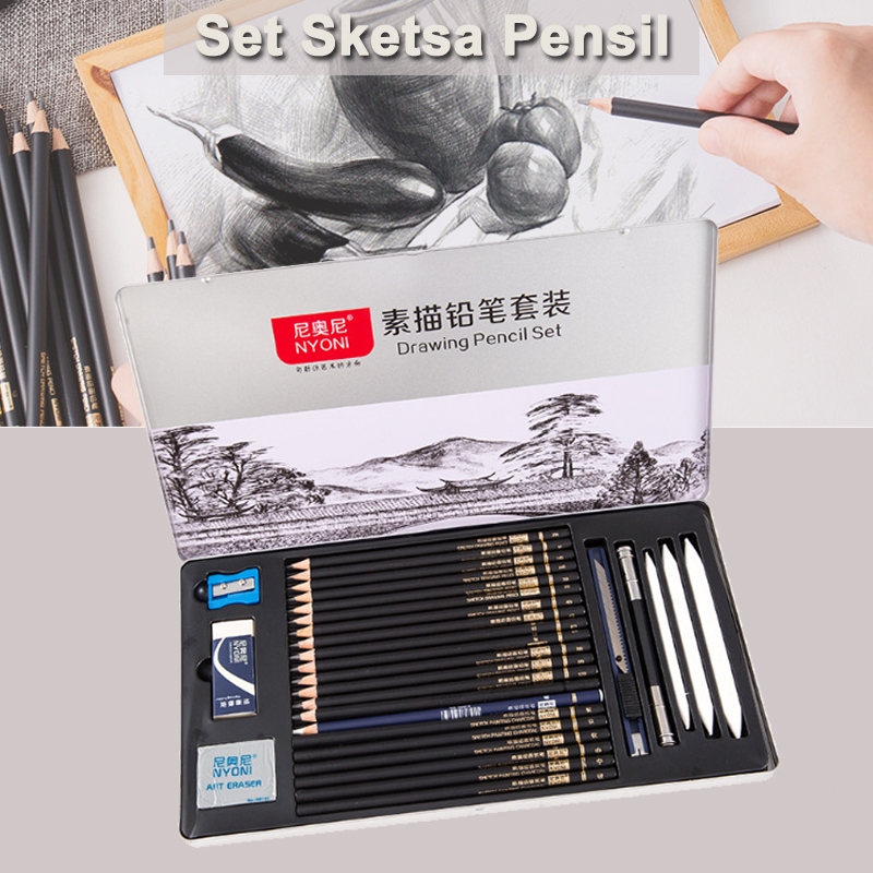 Jual Set 29pcs Lukis Sketsa Lengkap Paket Drawing Pencil Gambar Metal ...
