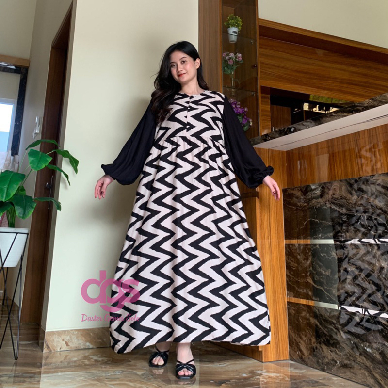 Jual Midi Dress Aleta Rayon Kombinasi Twill Motif Lengan balon Midi Panjang Baju Wanita Daster ...
