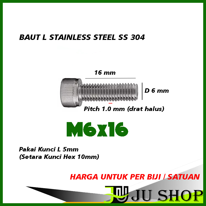 Jual Baut L M6x16 (HALUS) (KUNCI 10MM / kunci L 5MM) stainless steel M6 x 16 SS304 (HARGA PER ...
