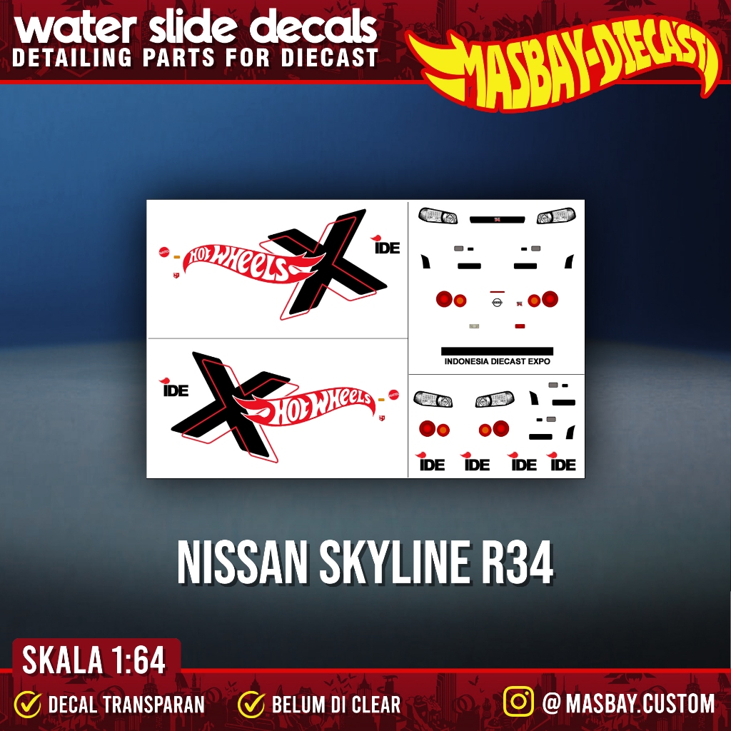Jual Decal Hotwheels Transparan skala 1:64 - Nissan Skyline R34 IDE x ...