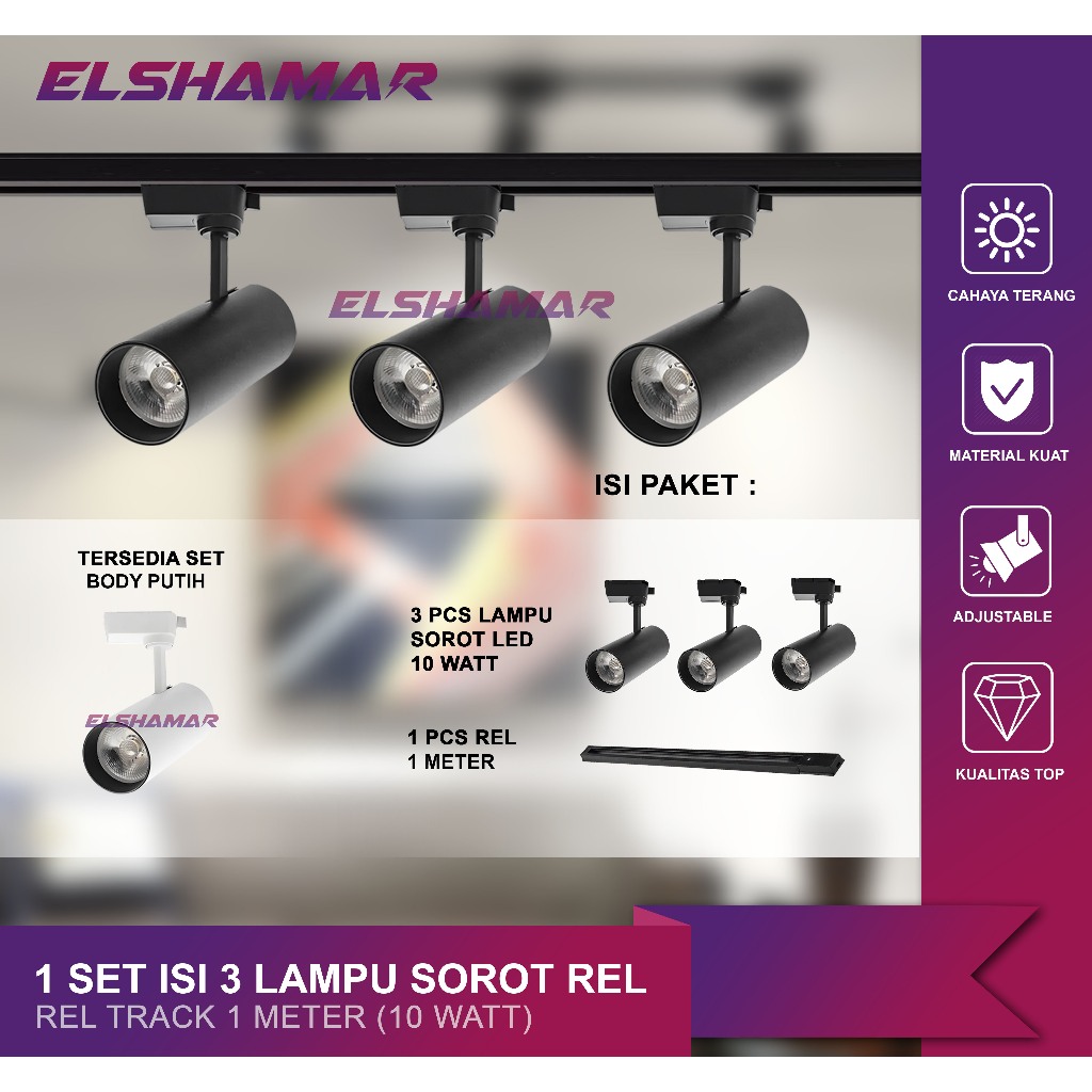 Jual Paket Lampu Sorot LED Rel isi 3 Spotlight Track Light Rell 10 Watt ...