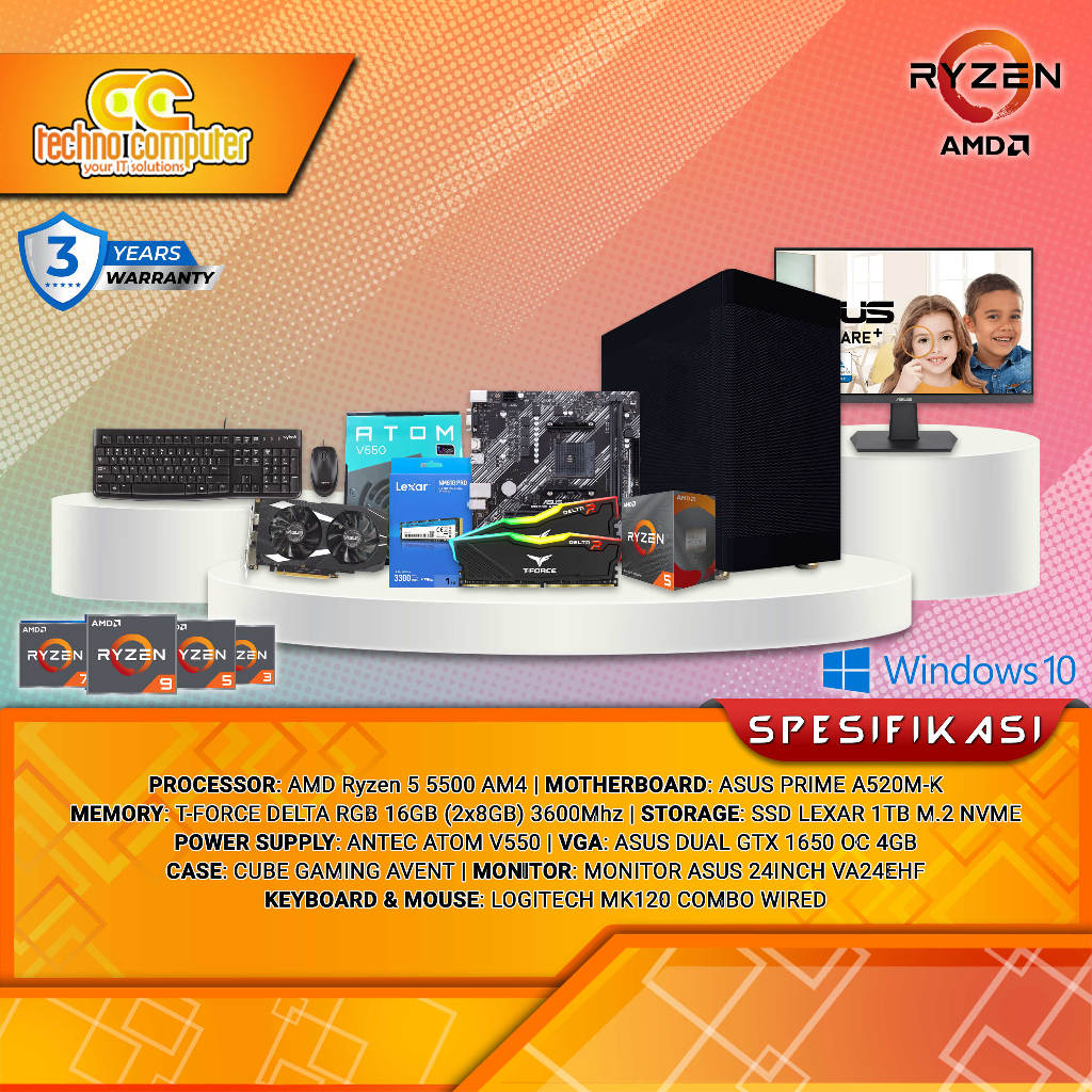Jual PAKET KOMPLIT PC GAMING RENDERING AMD RYZEN 5-5500 RAM 16GB SSD 1TB GTX1650 | Shopee Indonesia