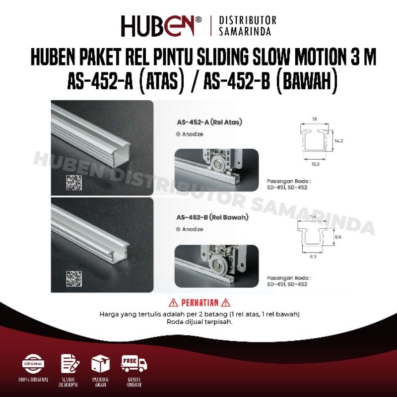 Jual (ISI 2) HUBEN Rel Pintu Sliding Slow Motion AS-452-A AS-452-B Rel Atas Rel Bawah 3 Meter ...